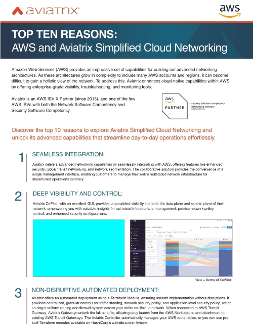 Top Ten Reasons: AWS and Aviatrix Secure Cloud Networking Top Ten Reasons: AWS and Aviatrix Secure Cloud Networking